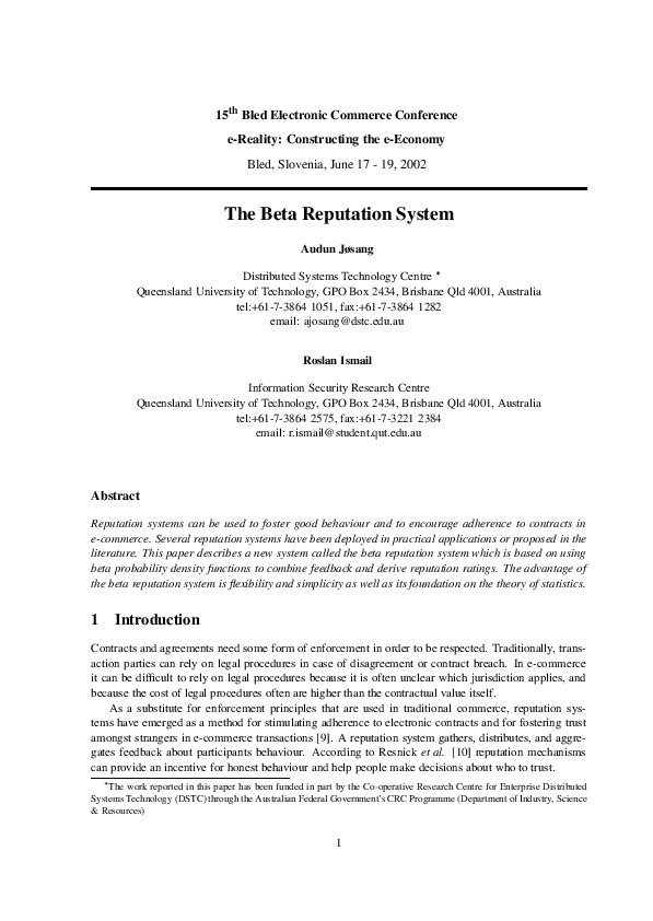 (PDF) The beta reputation system