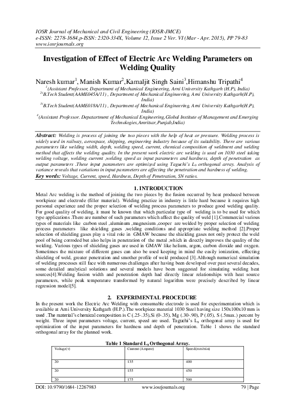 (PDF) Investigation of Effect of Electric Arc Welding Parameters on ... (PDF) Investigation of Effect of Electric Arc Welding Parameters on ...