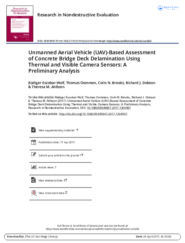Pdf Unmanned Aerial Vehicle Uav Based Assessment Of Concrete Bridge Deck Delamination Using