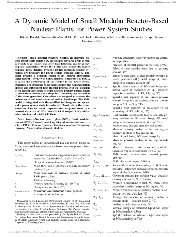 (PDF) A Dynamic Model of Small Modular Reactor Based Nuclear Plant for Power System Studies