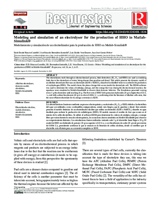Pdf Modeling And Simulation Of An Electrolyser For The Production Of