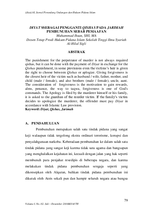 (PDF) DIYAT SEBAGAI PENGGANTI QISHAS PADA JARIMAH PEMBUNUHAN SEBAB ...