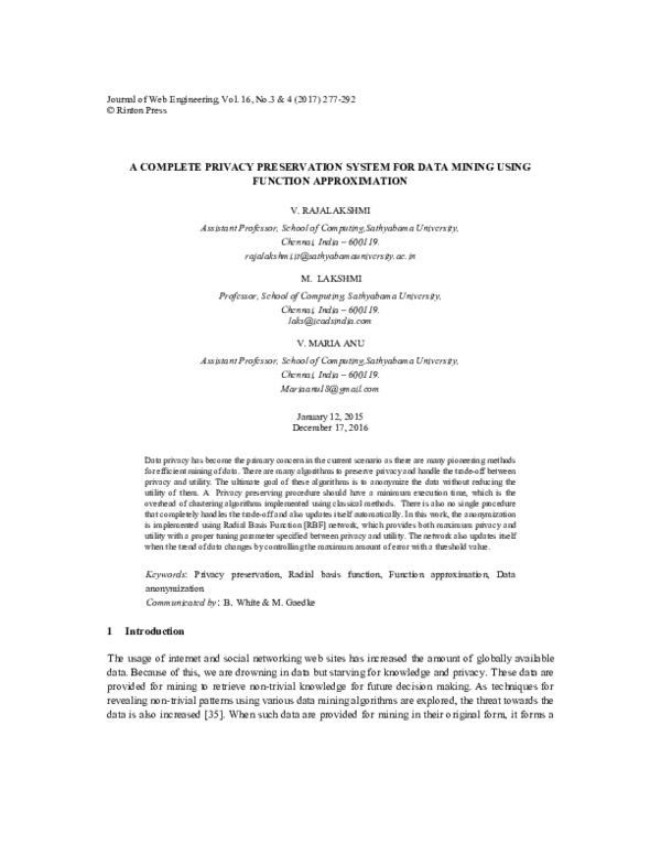 Pdf A Complete Privacy Preservation System For Data Mining Using Function Approximation