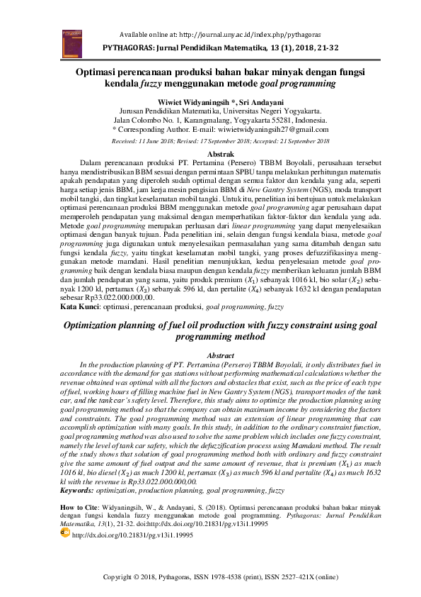 (PDF) Optimasi perencanaan produksi bahan bakar minyak dengan fungsi kendala fuzzy menggunakan ...