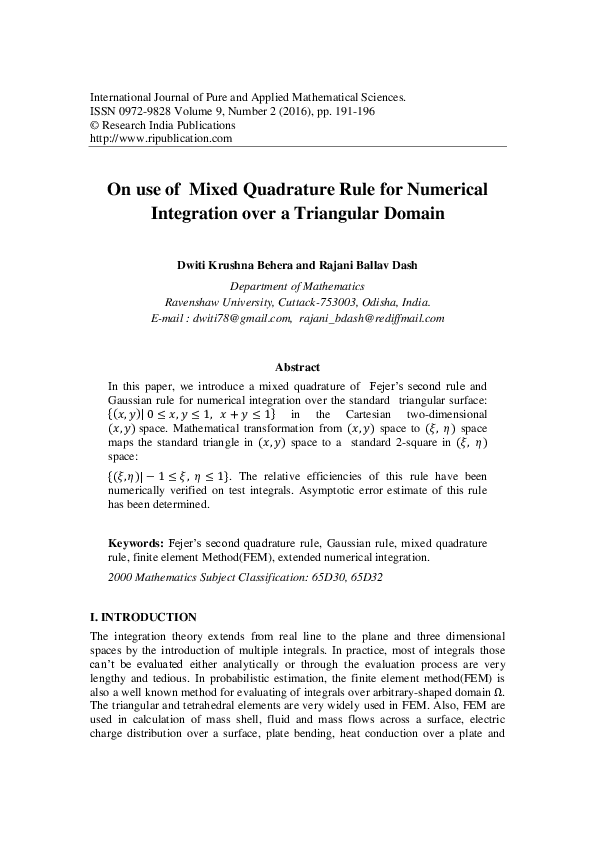 Pdf On Use Of Mixed Quadrature Rule For Numerical Integration Over A Triangular Domain
