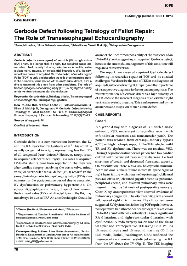 (PDF) Gerbode Defect following Tetralogy of Fallot Repair: The Role of ...