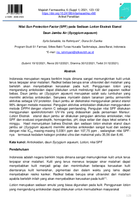 (PDF) Nilai Sun Protection Factor (SPF) pada Sediaan Lotion Ekstrak Etanol Daun Jambu Air ...