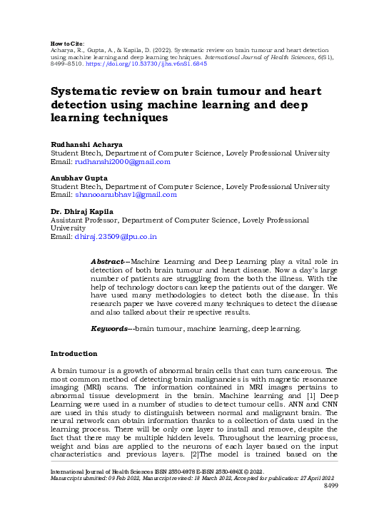 (PDF) Systematic review on brain tumour and heart detection using machine learning and deep ...