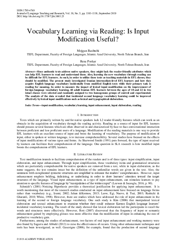 (PDF) Vocabulary Learning via Reading: Is Input Modification Useful?