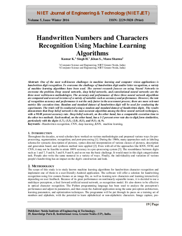 (PDF) NIETJET 0501Handwritten Numbers And Characters Recognition Using Machine Learning Algorithms
