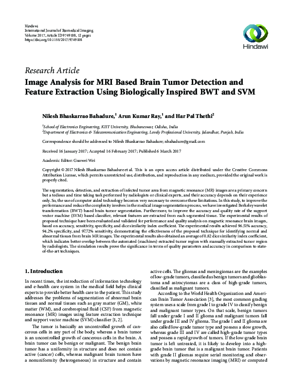 Pdf Image Analysis For Mri Based Brain Tumor Detection And Feature Extraction Using