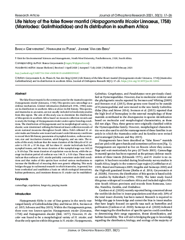 (PDF) Life history of the false flower mantid (Harpagomantis tricolor ...