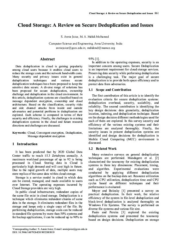 (PDF) Cloud Storage: A Review on Secure Deduplication and Issues | Annie Joice - Academia.edu