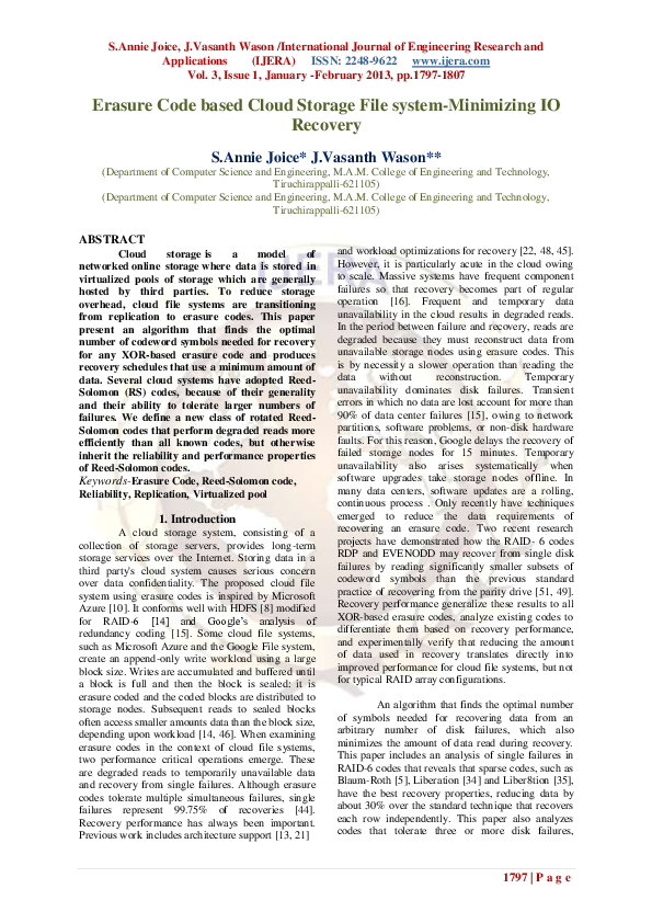 Pdf Erasure Code Based Cloud Storage File System Minimizing Io Recovery S