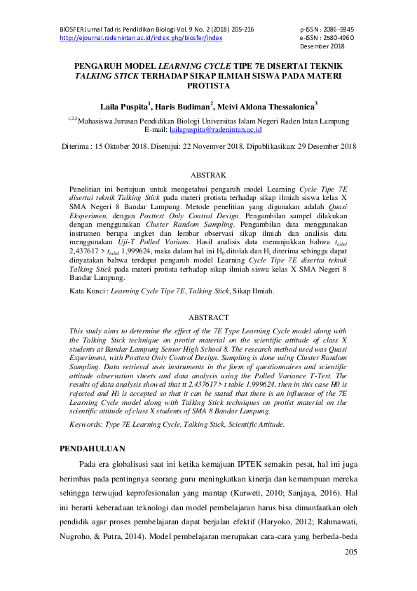 (PDF) Pengaruh Model Learning Cycle Tipe 7E disertai Teknik Talking Stick Terhadap Sikap Ilmiah ...