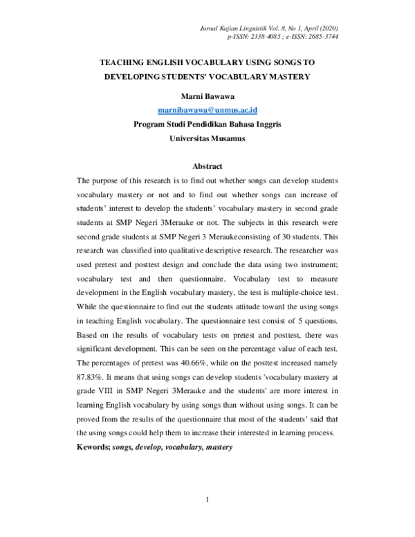 (PDF) Teaching English Vocabulary Using Songs to Developing Students ...