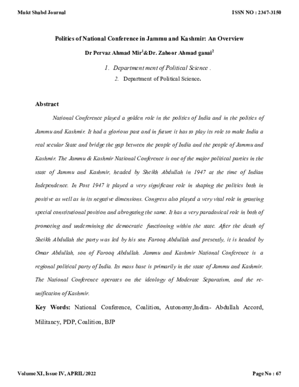 (PDF) Politics of National Conference in Jammu and Kashmir: An Overview