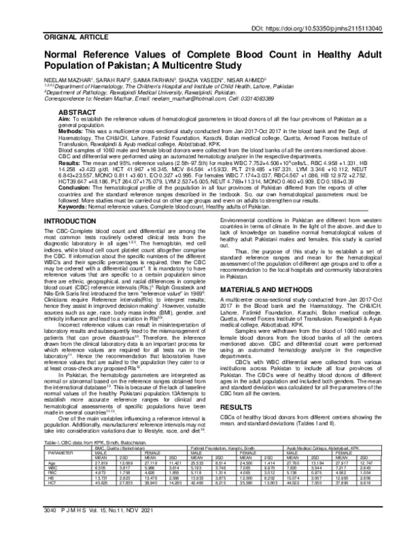 (PDF) Normal Reference Values of Complete Blood Count in Healthy Adult ...