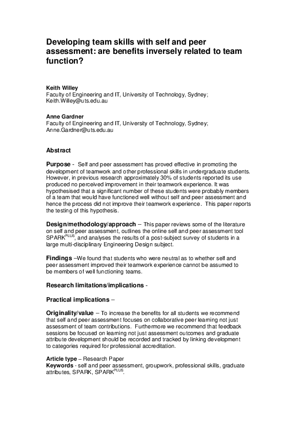 (PDF) Developing team skills with self‐ and peer assessment