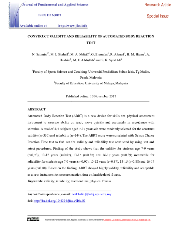 (PDF) Construct validity and reliability of automated body reaction test