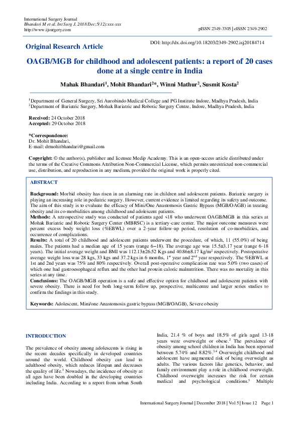 (PDF) OAGB/MGB for childhood and adolescent patients: a report of 20 ...