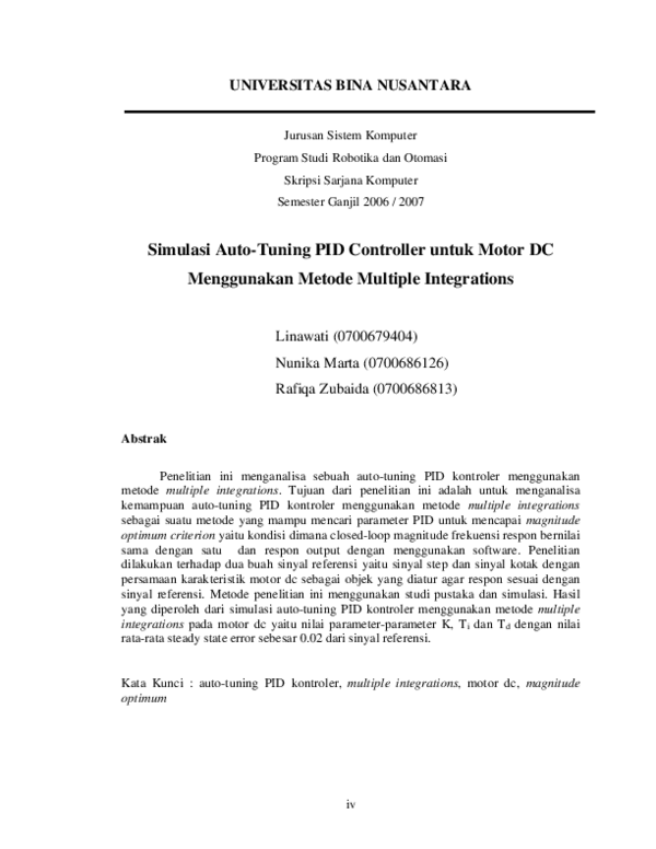 (PDF) Simulasi Auto-Tuning Pid Controller Untuk Motor DC Menggunakan Metode Multiple Integrations