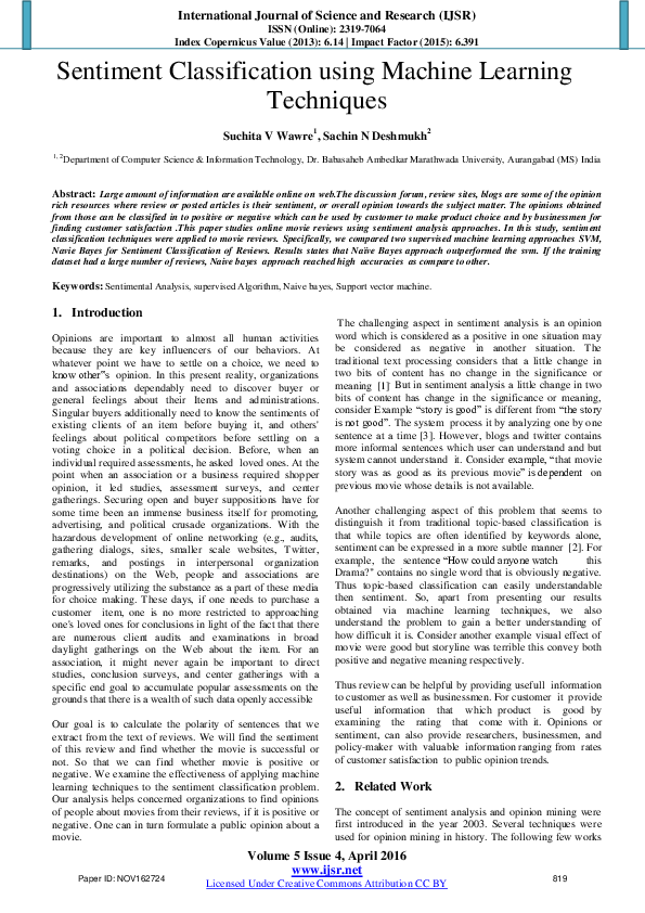 (PDF) Sentiment Classification using Machine Learning Techniques