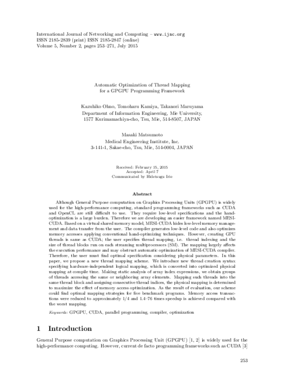 Pdf Automatic Optimization Of Thread Mapping For A Gpgpu Programming