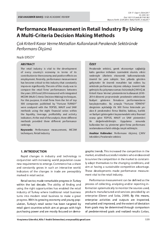 (PDF) Performance Measurement in Retail Industry By Using A Multi-Criteria Decision Making Methods