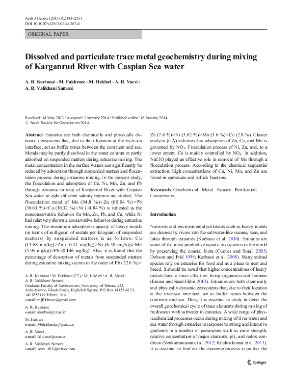 (PDF) Dissolved and particulate trace metals geochemistry during mixing of Karganrud River with ...