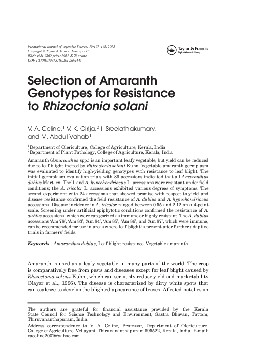 (PDF) Selection of Amaranth Genotypes for Resistance to Rhizoctonia solani