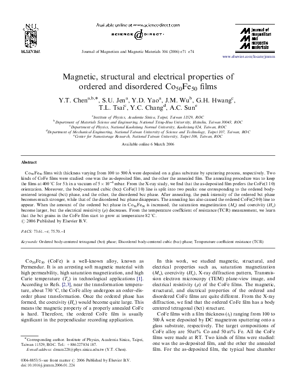 (PDF) Magnetic, structural and electrical properties of ordered and ...