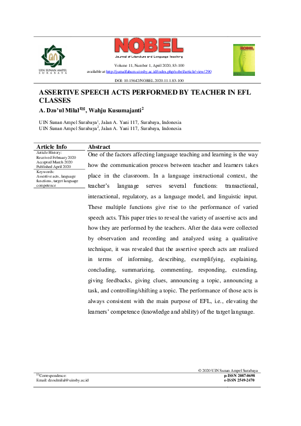 (PDF) Assertive Speech Acts Performed by Teacher in EFL Classes
