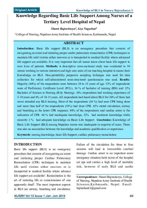 (PDF) Knowledge Regarding Basic Life Support Among Nurses of a Tertiary ...
