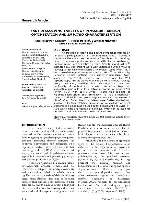 (PDF) Fast Dissolving Tablets of Pimozide: Design, Optimization and ...