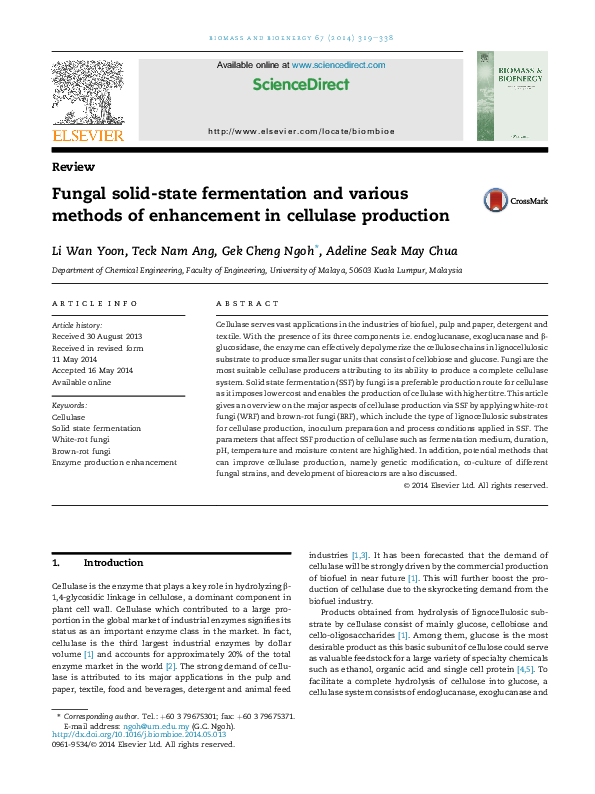 Pdf Fungal Solid State Fermentation And Various Methods Of Enhancement In Cellulase Production