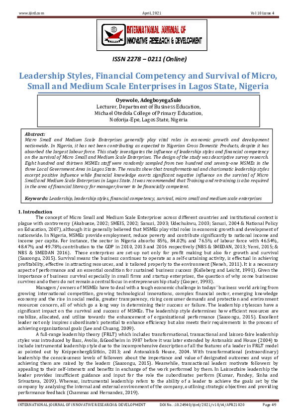 (PDF) Leadership Styles, Financial Competency and Survival of Micro, Small and Medium Scale ...