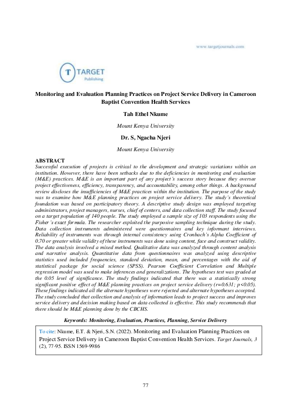 (PDF) Monitoring and Evaluation Planning Practices on Project Service Delivery in Cameroon ...