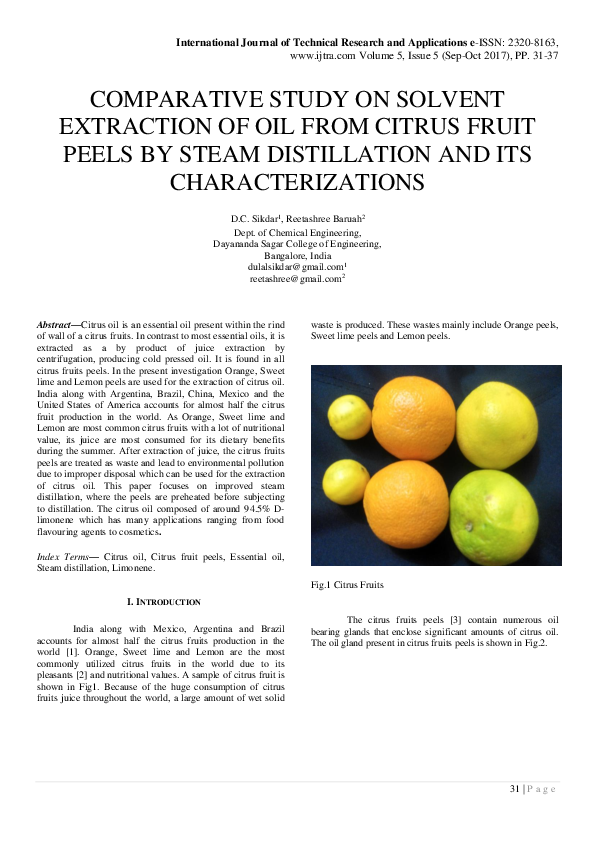 (PDF) Comparative Study on Solvent Extraction of Oil from Citrus Fruit Peels by Steam ...