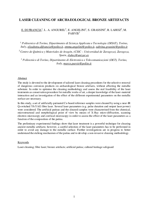 (PDF) Laser Cleaning of Archaeological Bronze Artefacts | Emma Angelini - Academia.edu