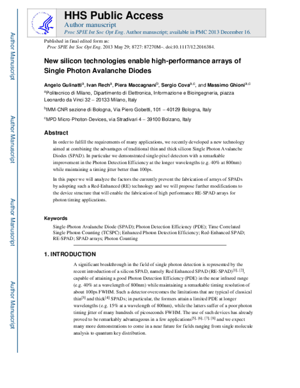 (PDF) New silicon technologies enable high-performance arrays of single ...