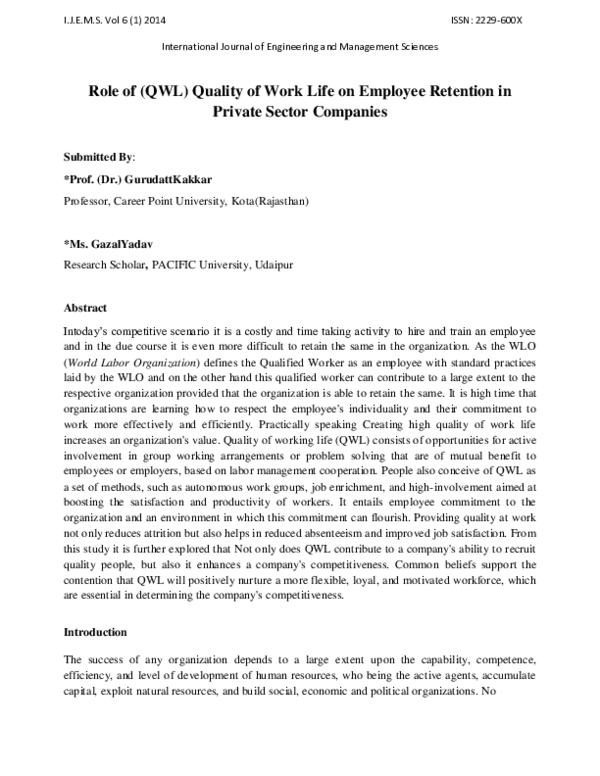 (PDF) Role of (QWL) Quality of Work Life on Employee Retention in ...
