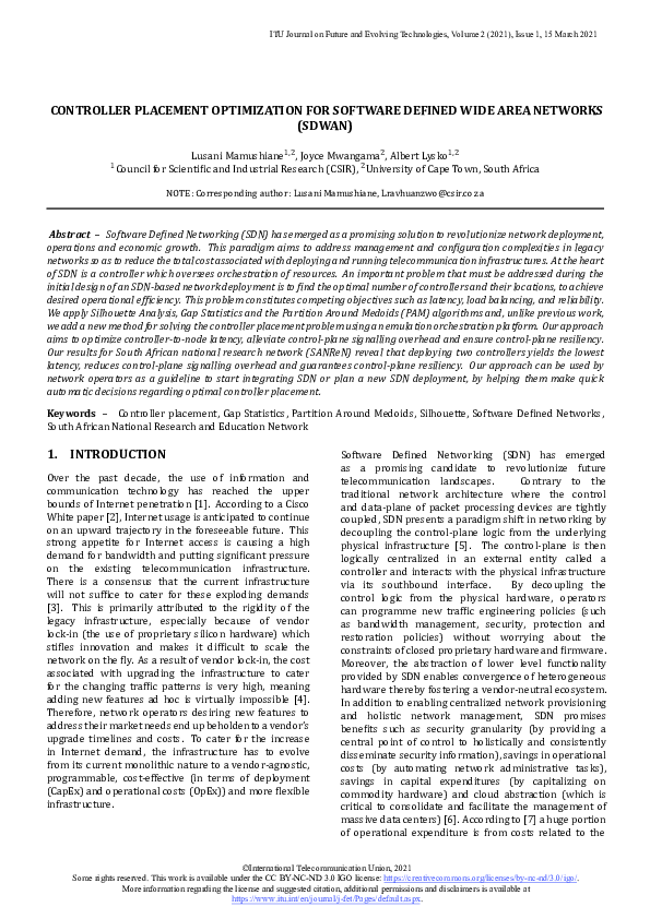 (PDF) Controller placement optimization for Software Defined Wide Area Networks (SDWAN)