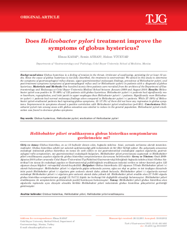 (PDF) Does Helicobacter pylori treatment improve the symptoms of globus ...