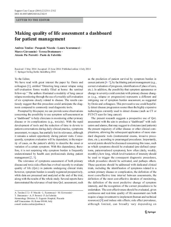 (PDF) Making quality of life assessment a dashboard for patient management