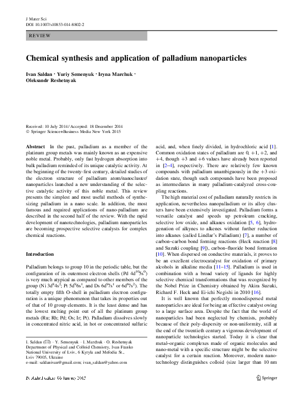 (PDF) Chemical synthesis and application of palladium nanoparticles