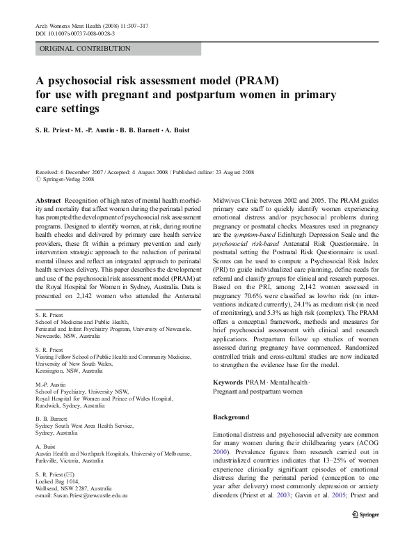 (PDF) A psychosocial risk assessment model (PRAM) for use with pregnant ...