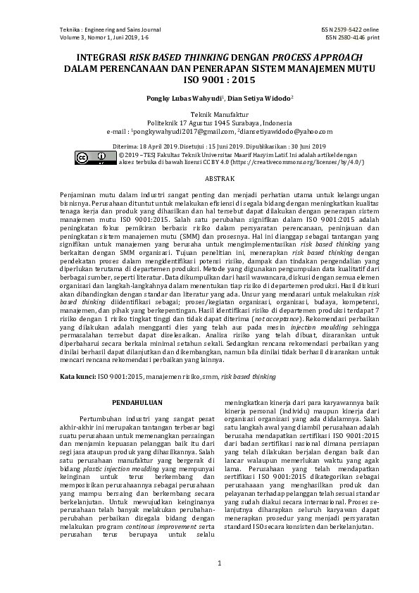 (PDF) Integrasi Risk Based Thinking Dengan Process Approach Dalam ...