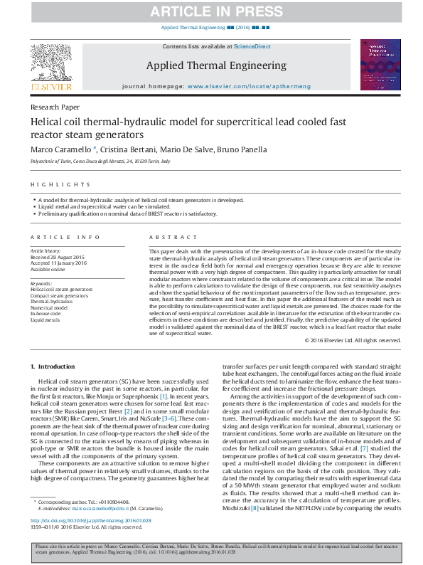 (PDF) Helical coil thermal-hydraulic model for supercritical lead ...