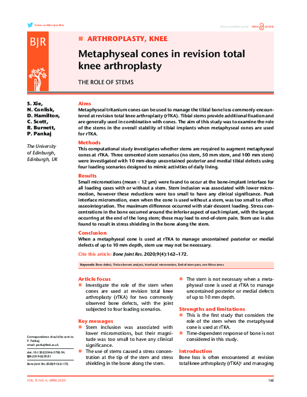 (PDF) Metaphyseal cones in revision total knee arthroplasty | Richard ...